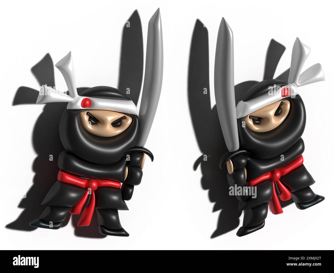 Two ninja characters in black suit and headband, holding sword, 3D ...