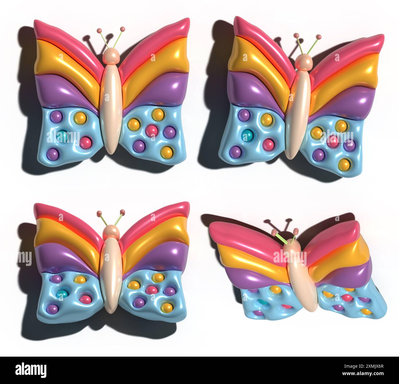 Multicolored butterflies with shadow in different projections on ...