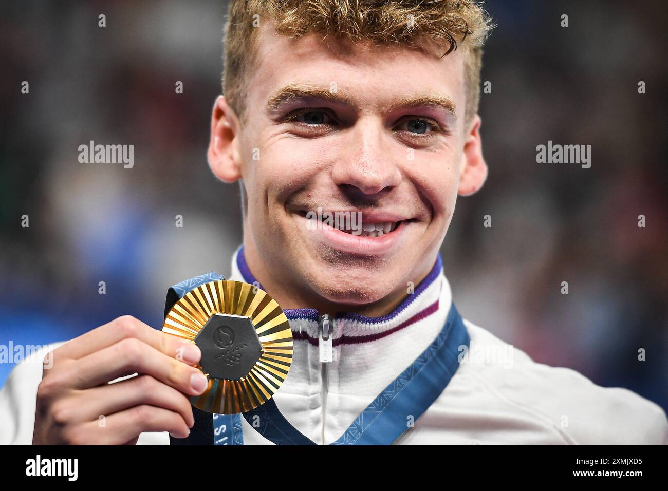 MARCHAND Leon of France poses with his gold medal during the Swimming ...
