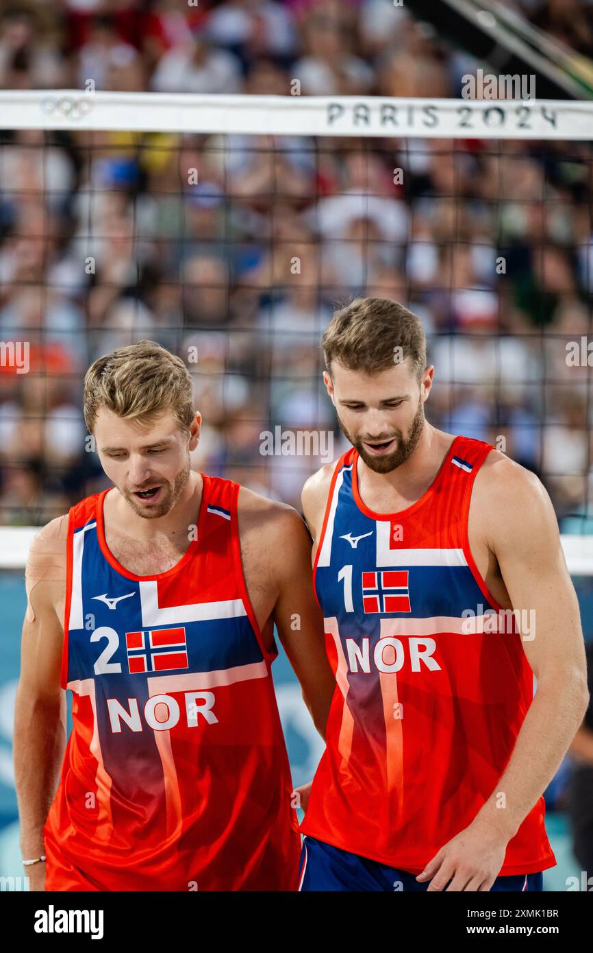 Anders Mol and Christian Sørum of, Norway. , . in men's preliminary round beach volleyball match ...