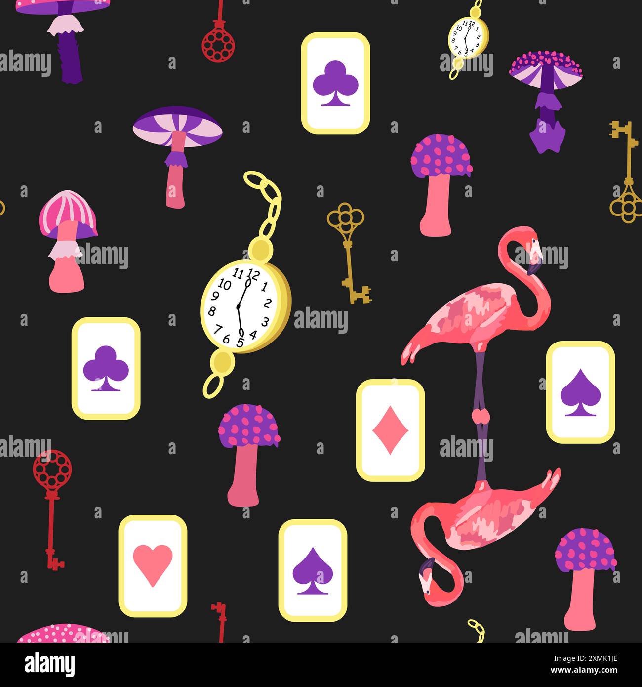 Alice in Wonderland pattern: rabbit, Cheshire cat, flamingo, cards, hat ...