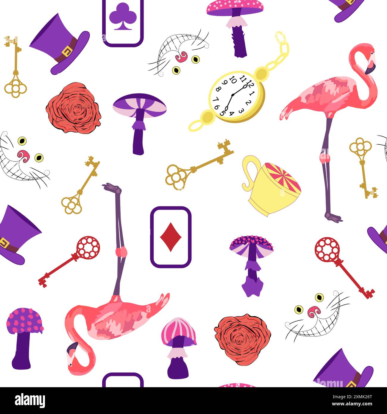 Alice in Wonderland pattern: rabbit, Cheshire cat, flamingo, cards, hat ...