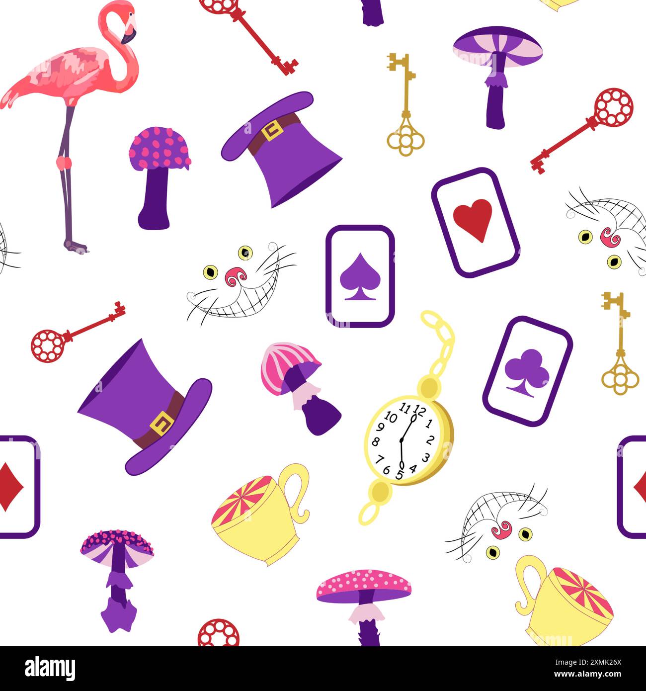 Alice in Wonderland pattern: rabbit, Cheshire cat, flamingo, cards, hat ...