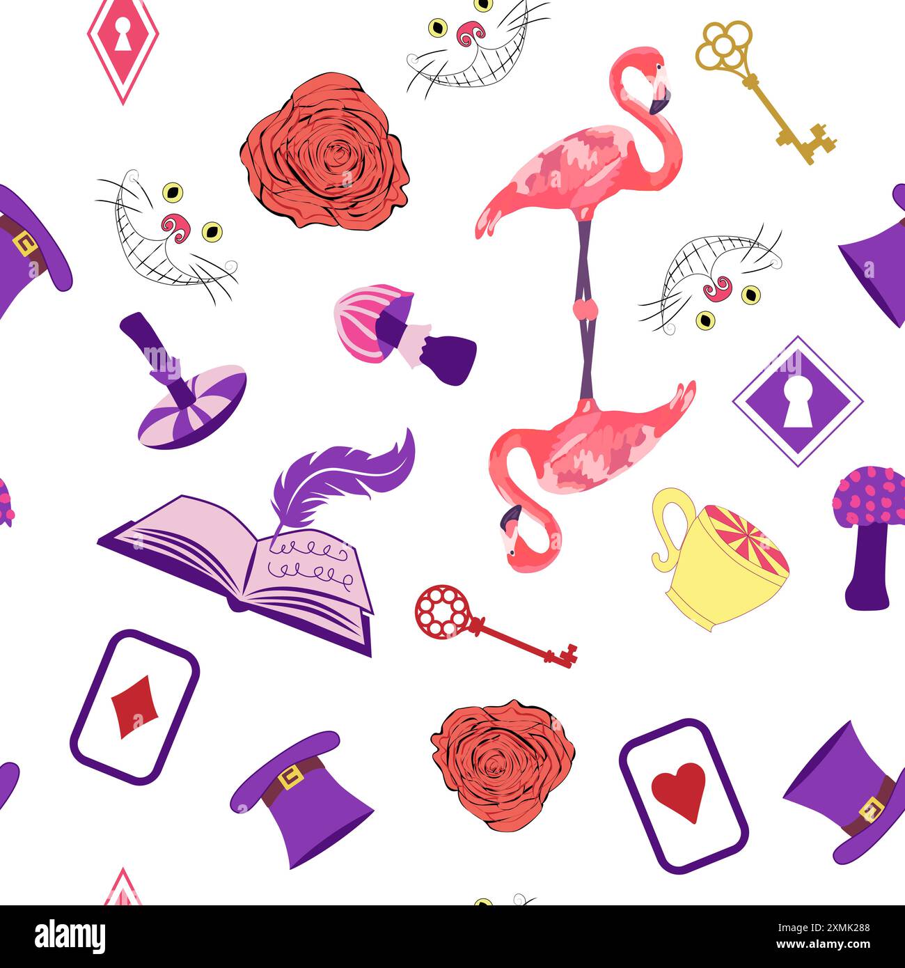 Alice in Wonderland pattern: rabbit, Cheshire cat, flamingo, cards, hat ...
