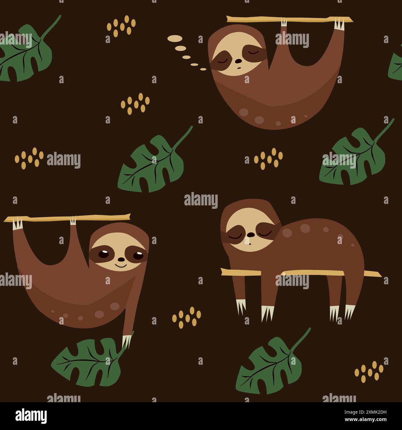 Hand drawn seamless vector pattern with cute sloths and tropical palm ...