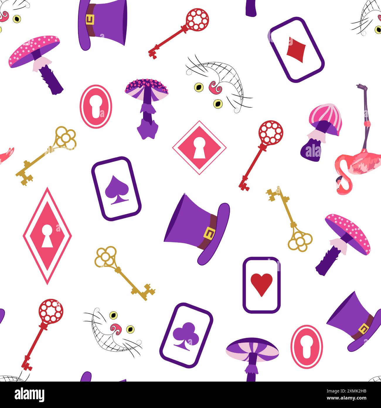 Alice in Wonderland pattern: rabbit, Cheshire cat, flamingo, cards, hat ...