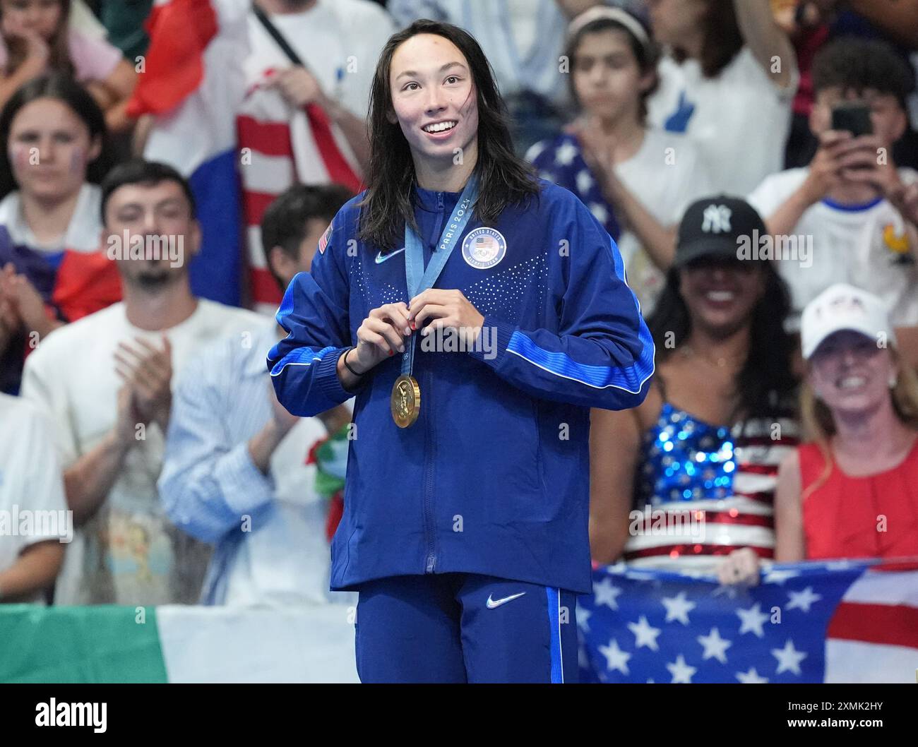 Paris, France. 28th July, 2024. Gold medalist Torri Huske of the U.S ...