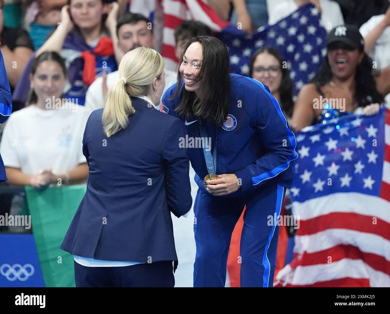 Paris, France. 28th July, 2024. Gold medalist Torri Huske of the U.S ...