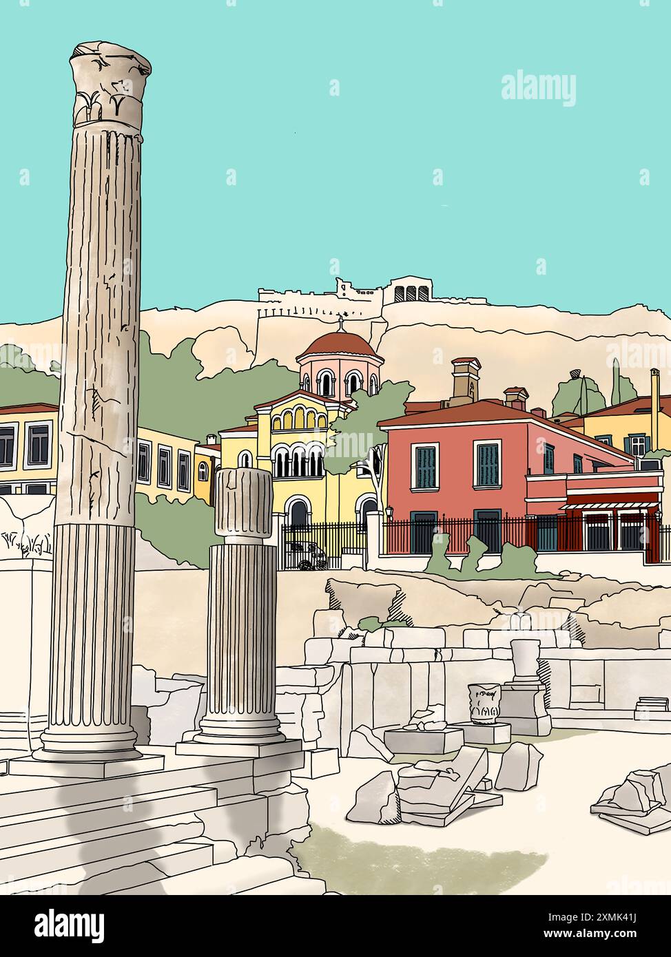 an illustration of Hadrian's Library in central Athens, Greece, with ...