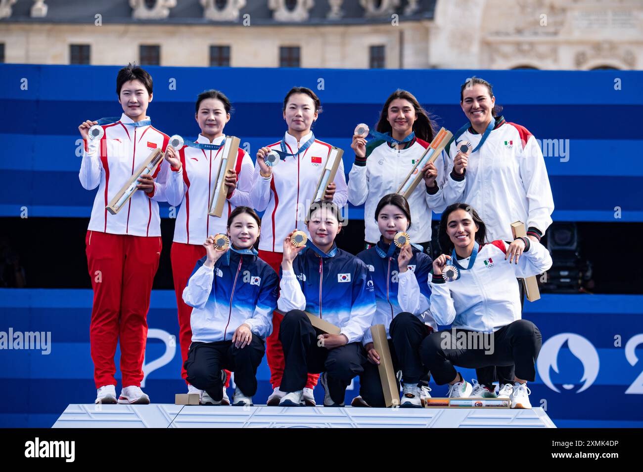Paris, France. 28th July, 2024. Qixuan An, Jiaman Li and Xiaolei of China Silver medal, Hunyoung ...