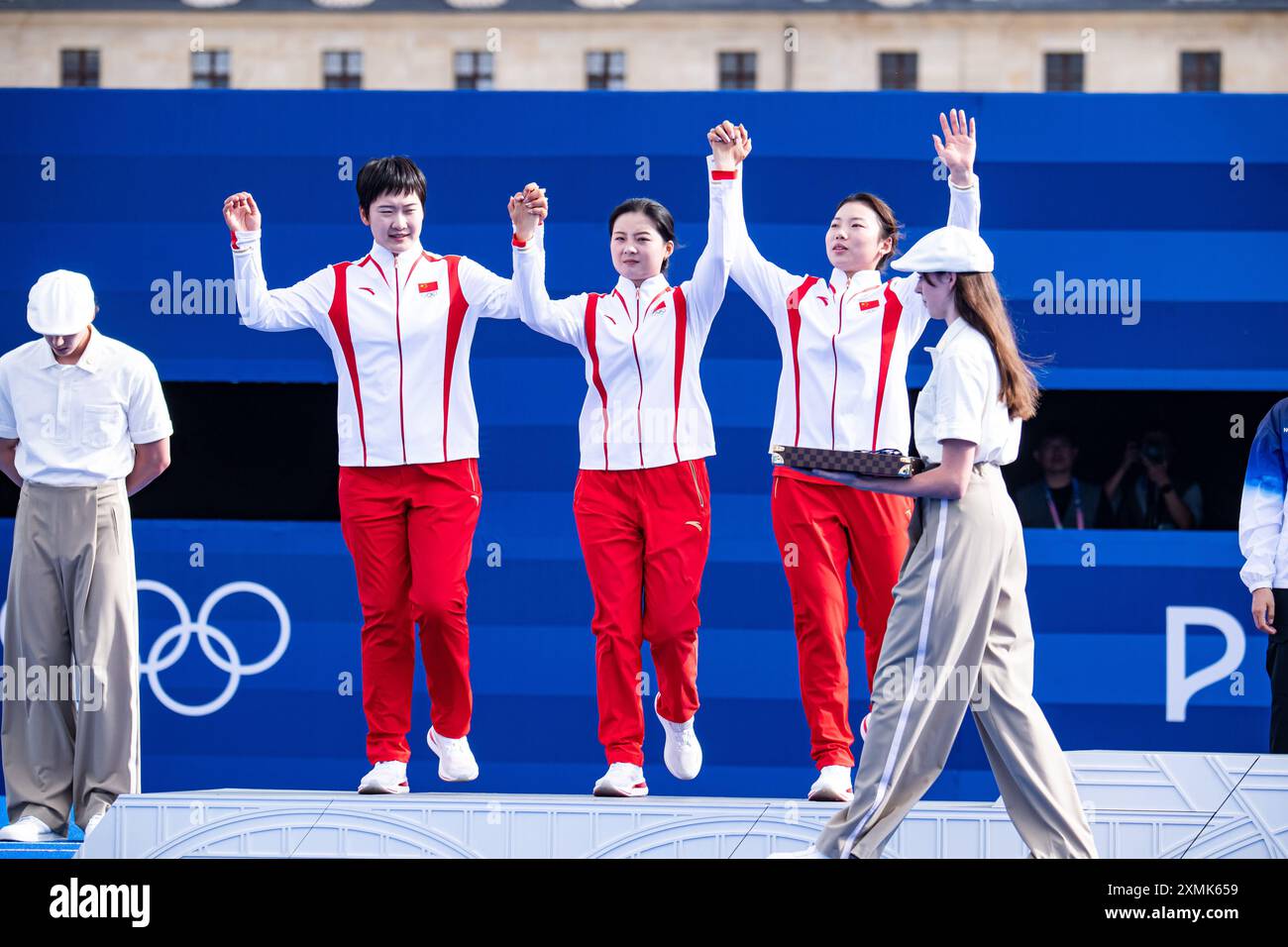 Qixuan An, Jiaman Li and Xiaolei of China Silver medal, Archery, Women ...