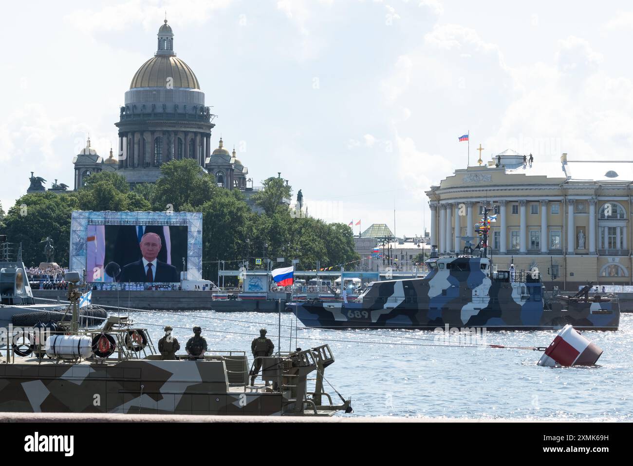 St. Petersburg, Russia. 28th July, 2024. A Russian warship sails along ...