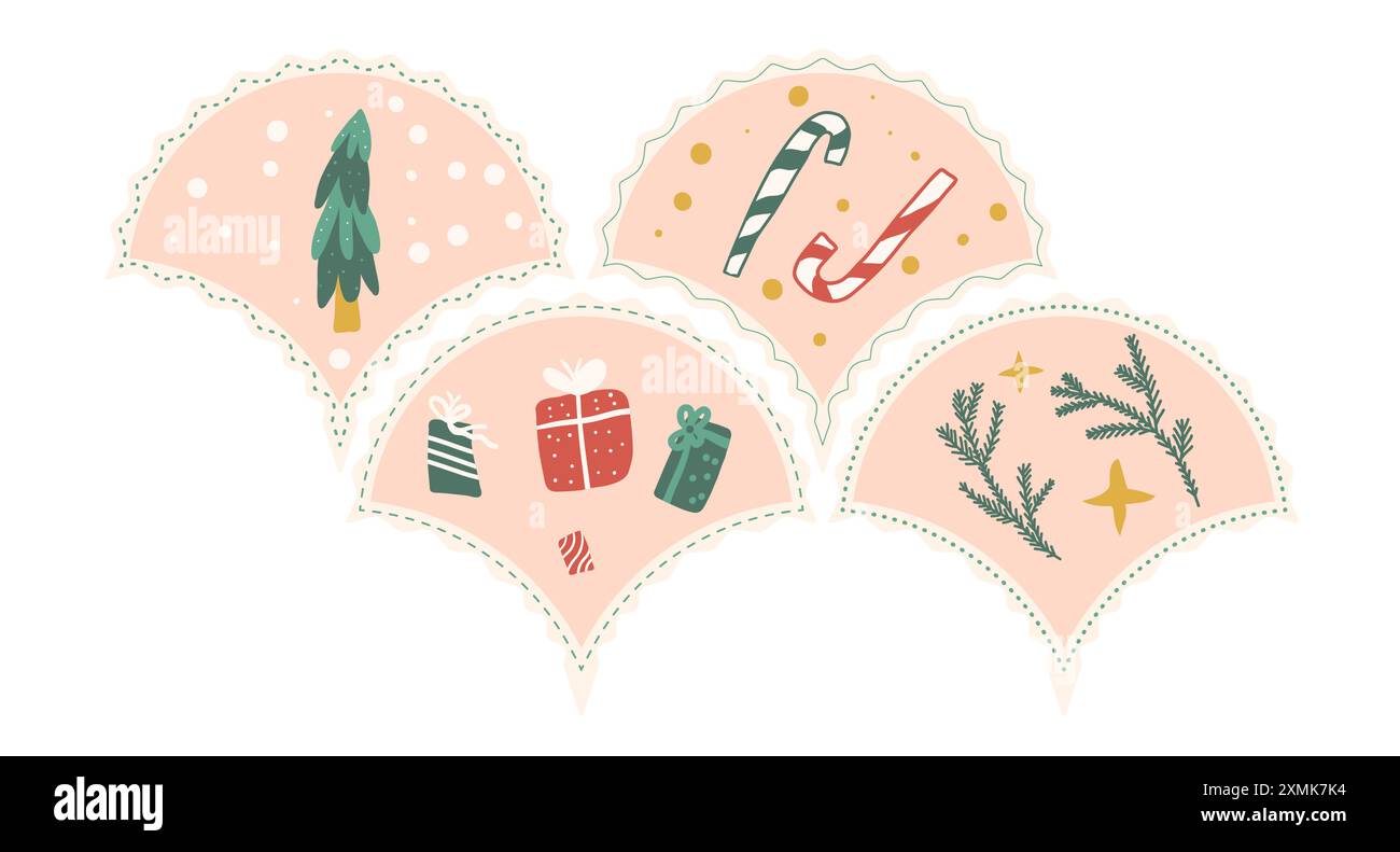 Set of Christmas scallop design. Gifts, candy cane and Christmas tree ...