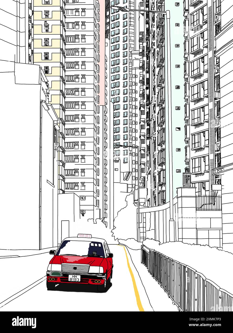 An illustration of an iconic Hong Kong taxi driving in front of high ...