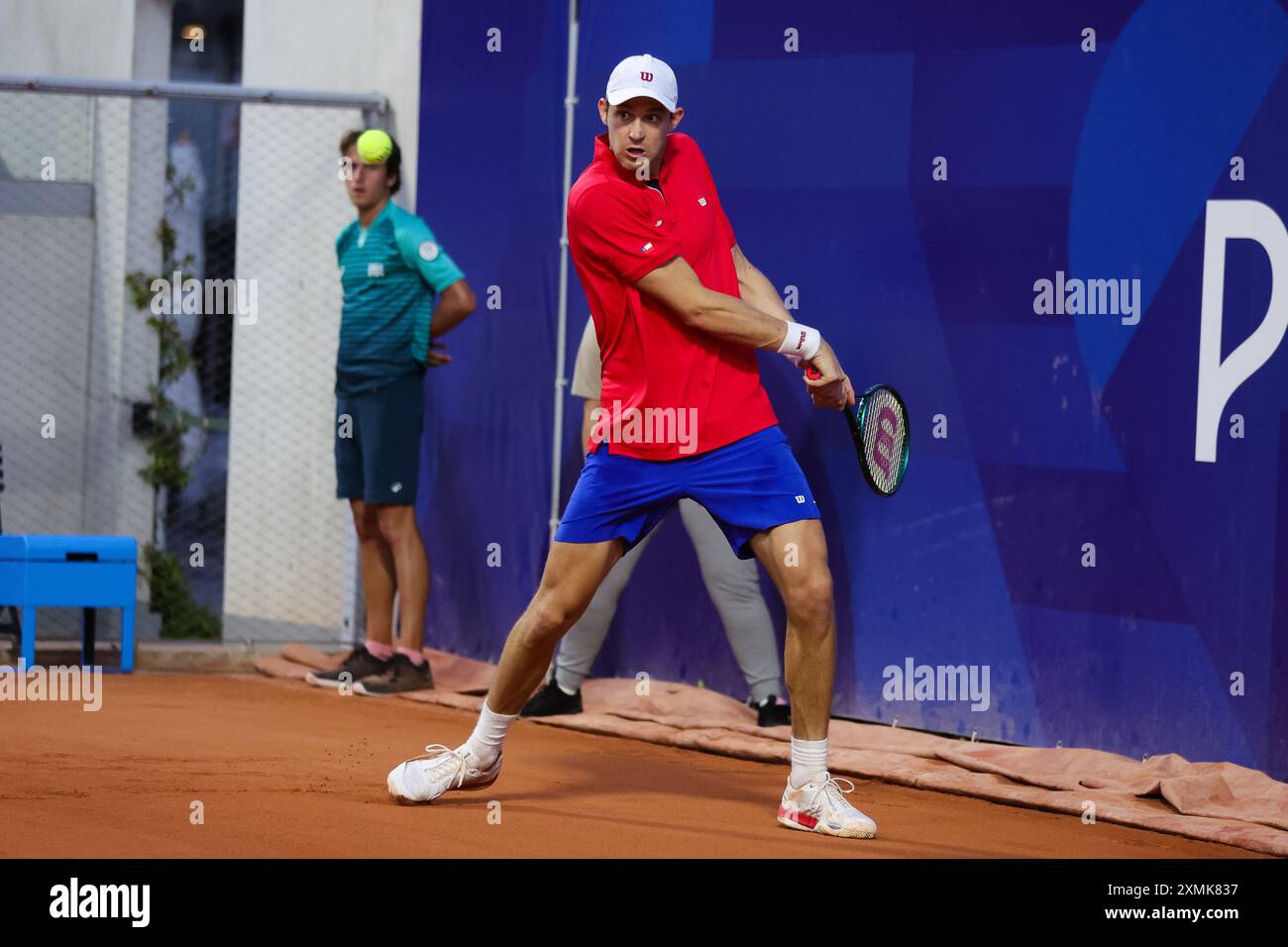 Paris, France, 28 July, 2024. Nicholas Jarry of Chile hits the ball at ...