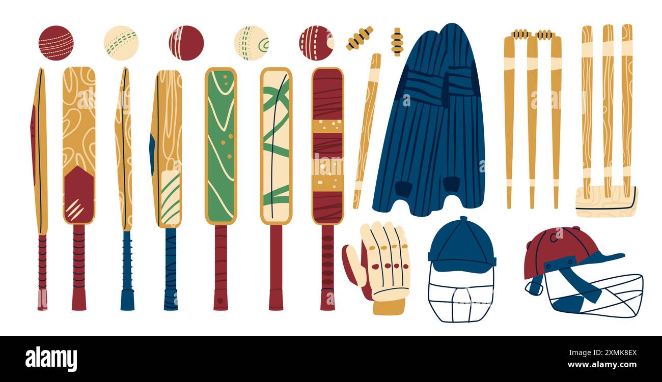 Cricket Set. Sport equipment kit. Bat, helmet, leg pads and balls ...