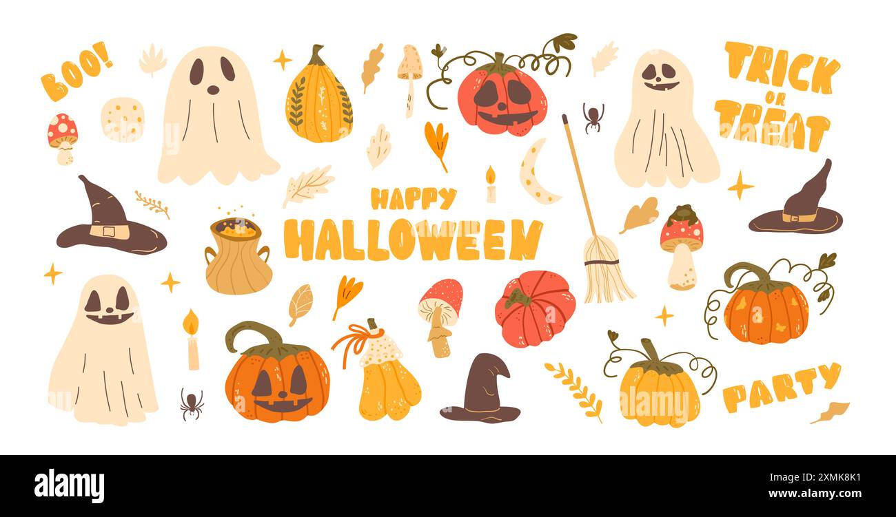 Halloween set. Pumpkins, ghosts, witch hats and others kit. Collection ...
