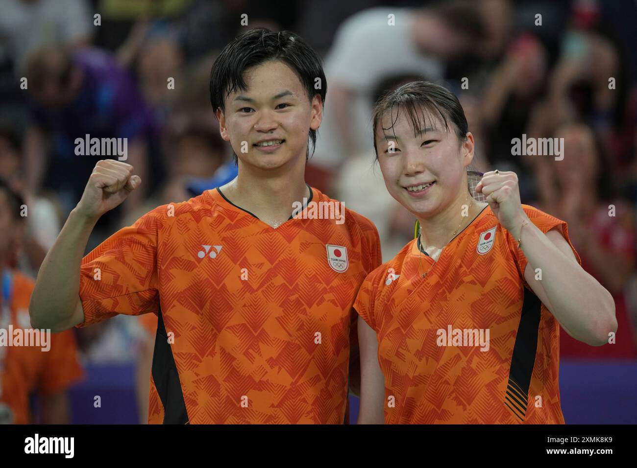 Japan's Yuta Watanabe, left, and Arisa Higashino celebrate as they play ...