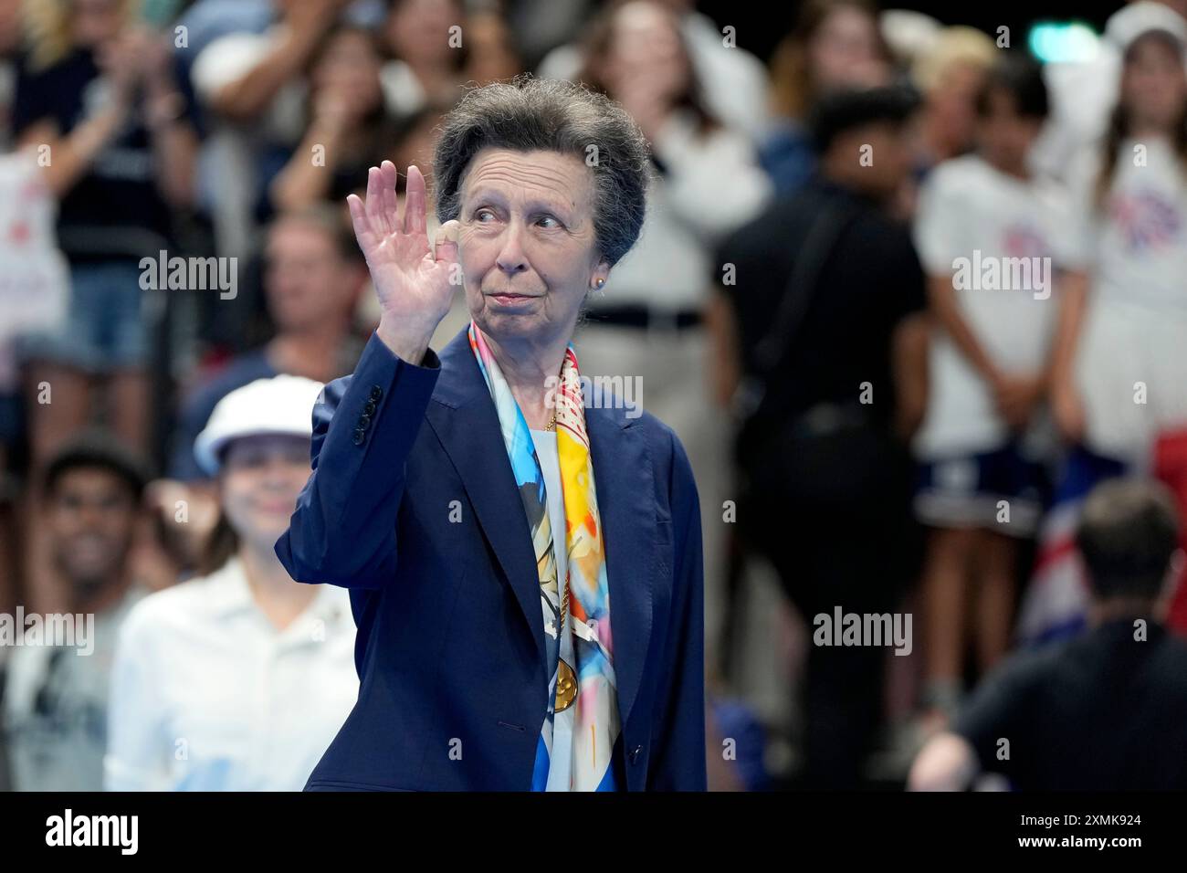 Britain's Princess Anne waves as she leaves the pool deck after ...