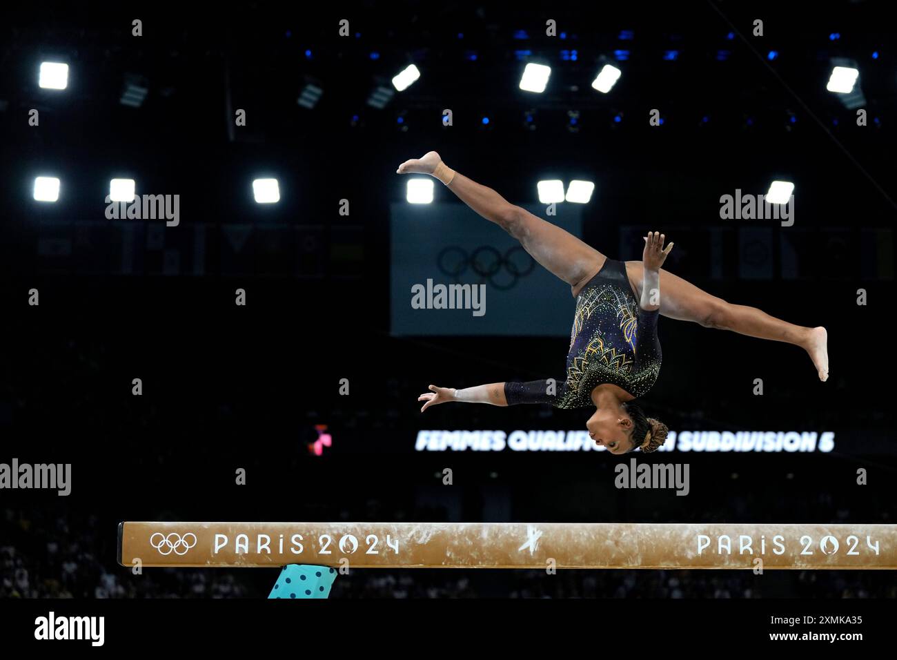 Rebeca Andrade, of Brazil, competes on the balance beam during a women ...