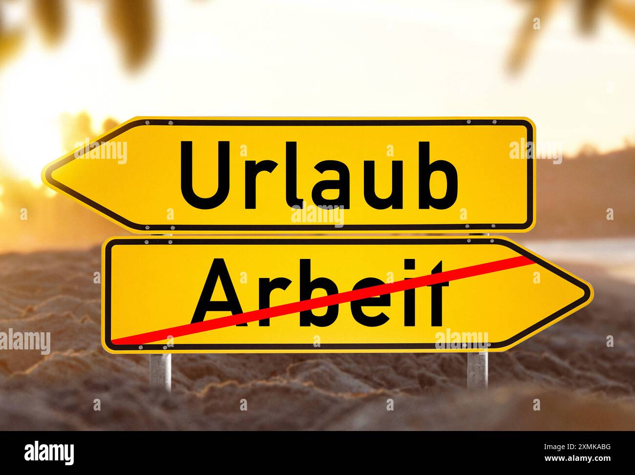 28 July 2024: Signpost on the beach with the word work crossed out and ...