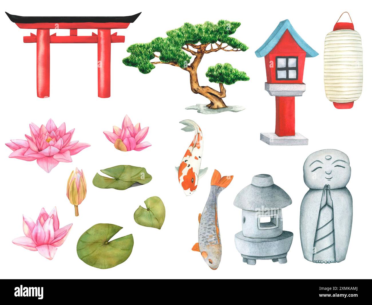 Large set with Koi Fish, Red Wooden Lantern, Pink Lotus, Bonsai tree of ...