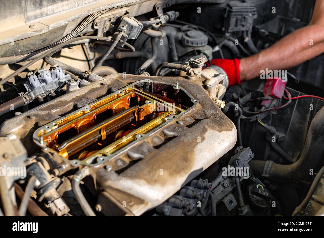 Car repair. A mechanic repairs a gas distribution mechanism by removing ...