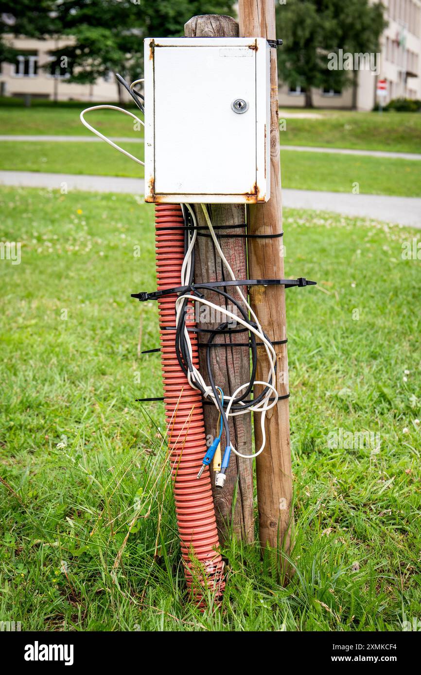 Tangle of wires near the electrical box, safety of wiring Stock Photo ...