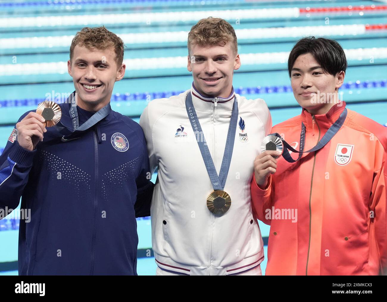 Paris, France. 28th July, 2024. Gold medalist Leon Marchand of France ...