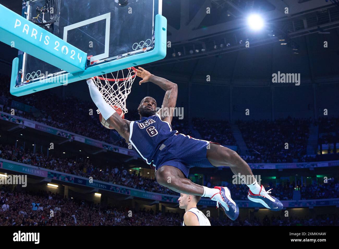 Lille, France. 28th July, 2024. LeBron James of the United States dunks ...
