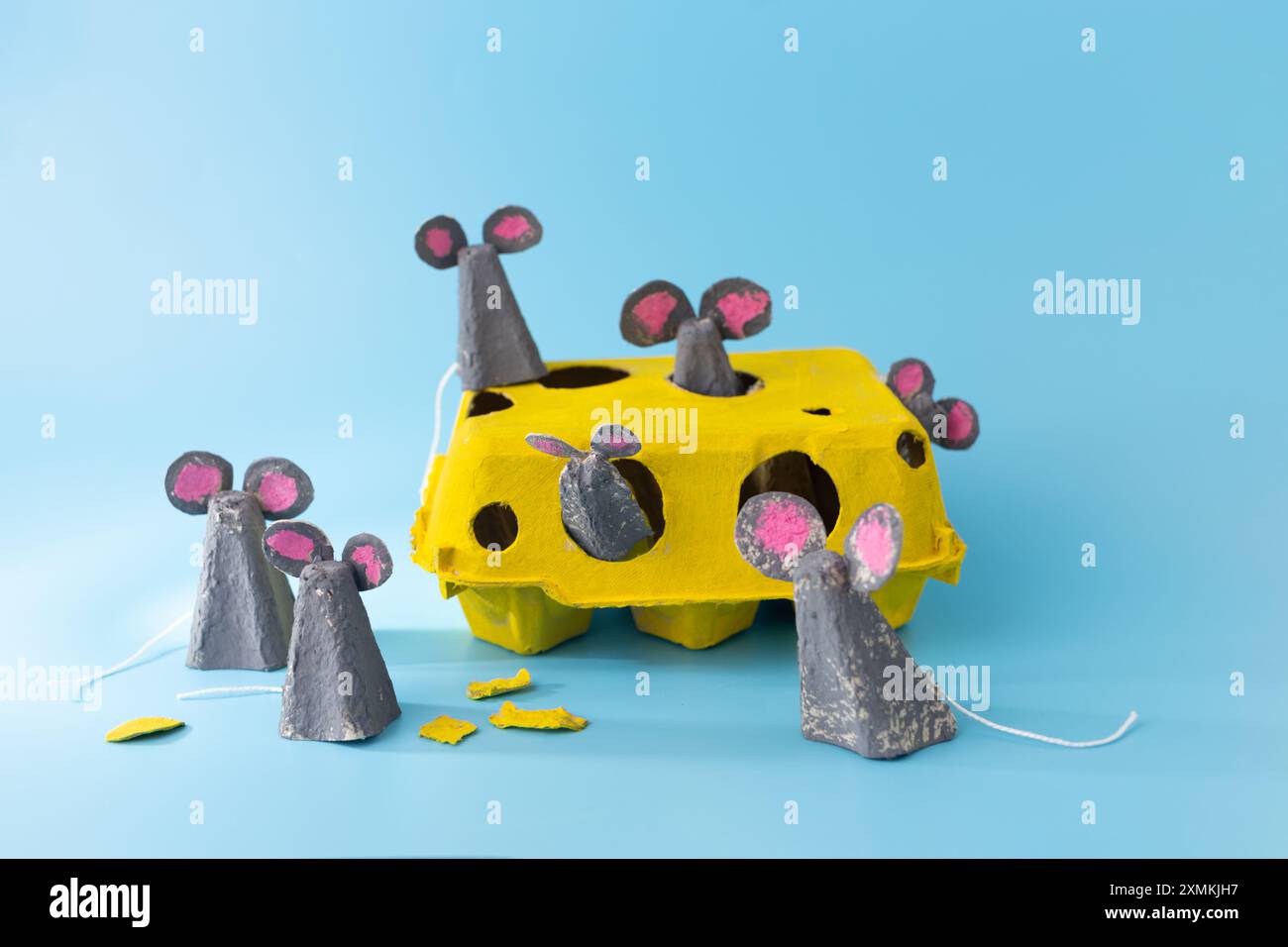 mice and cheese craft made of egg carton box, recycling concept Stock ...