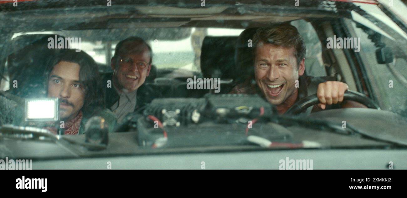 TWISTERS, from left: Brandon Perea, Harry Hadden-Paton, Glen Powell ...