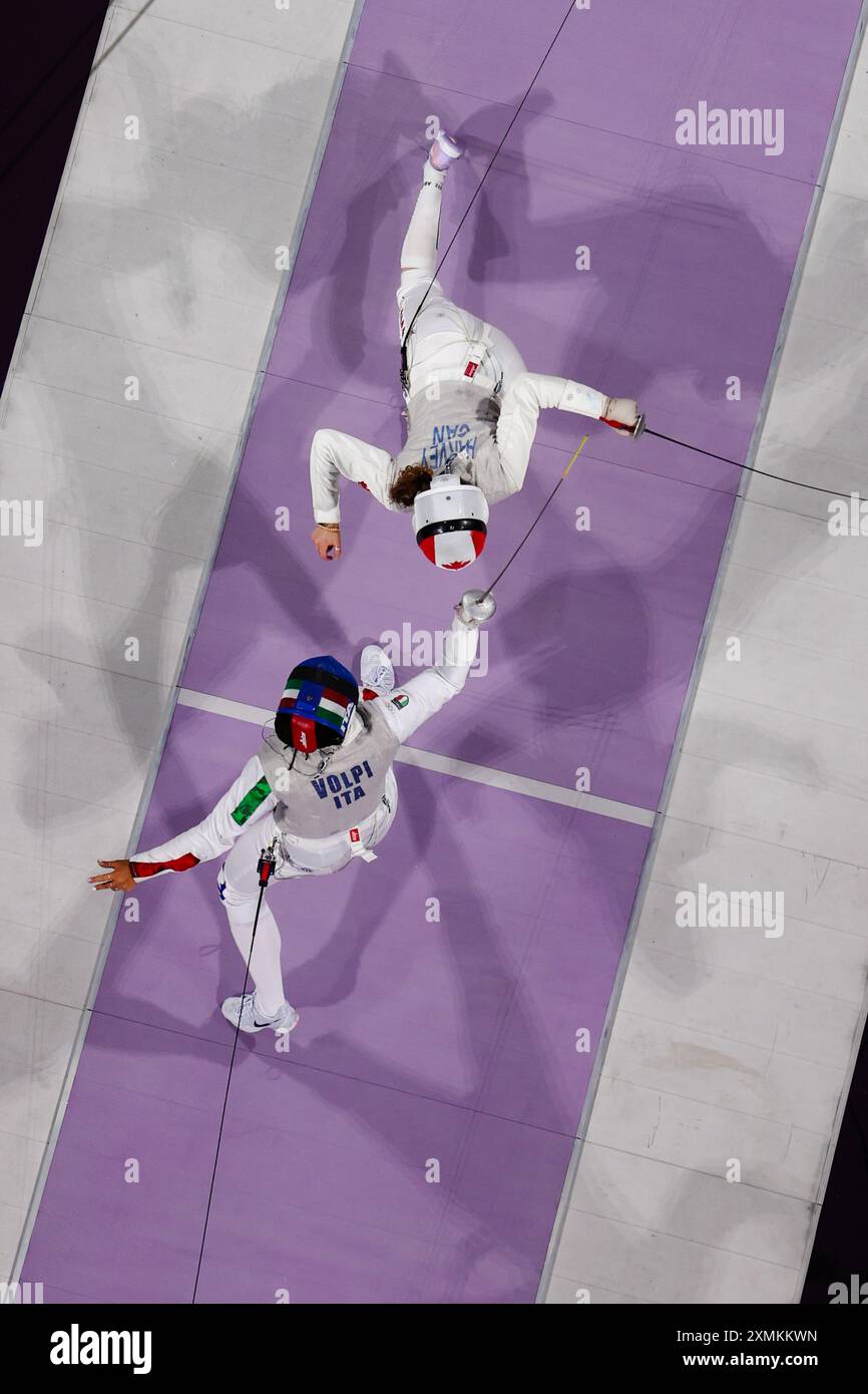 Paris, France. 28th July, 2024. Eleanor Harvey of Canada (top) competes ...