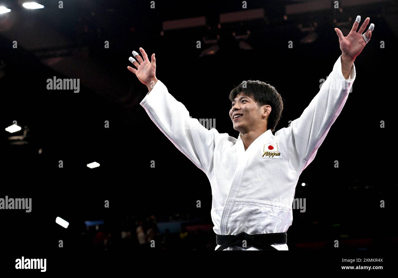 Paris, France. 28th July, 2024. Abe Hifumi of Japan celebrates after ...