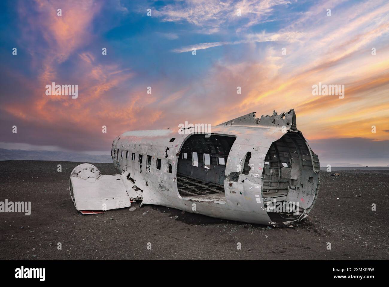 Wreckage of US Navy DC-3 Plane on Solheimasandur Beach at Sunset Stock ...
