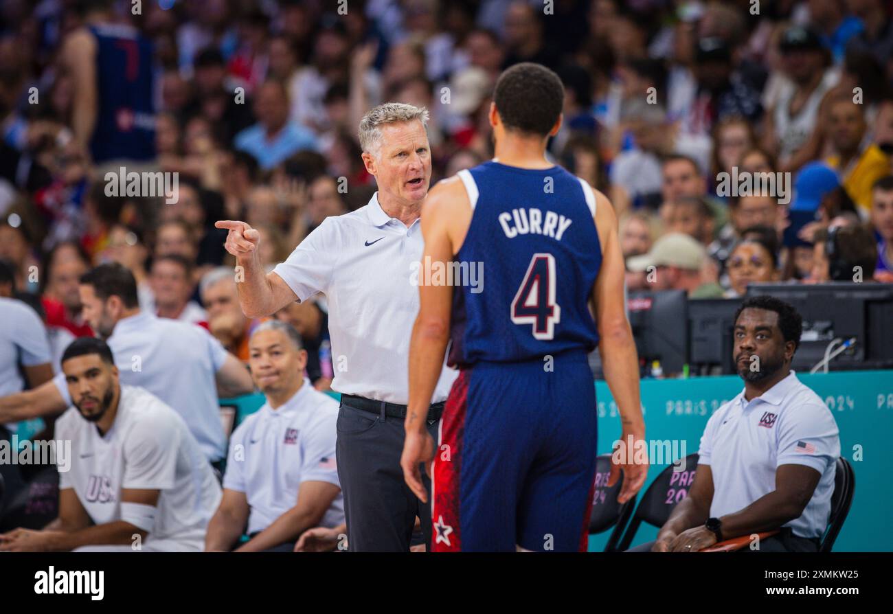 Paris, France. 27th Jul 2024. Coach Steve Kerr and Stephen Curry (USA ...