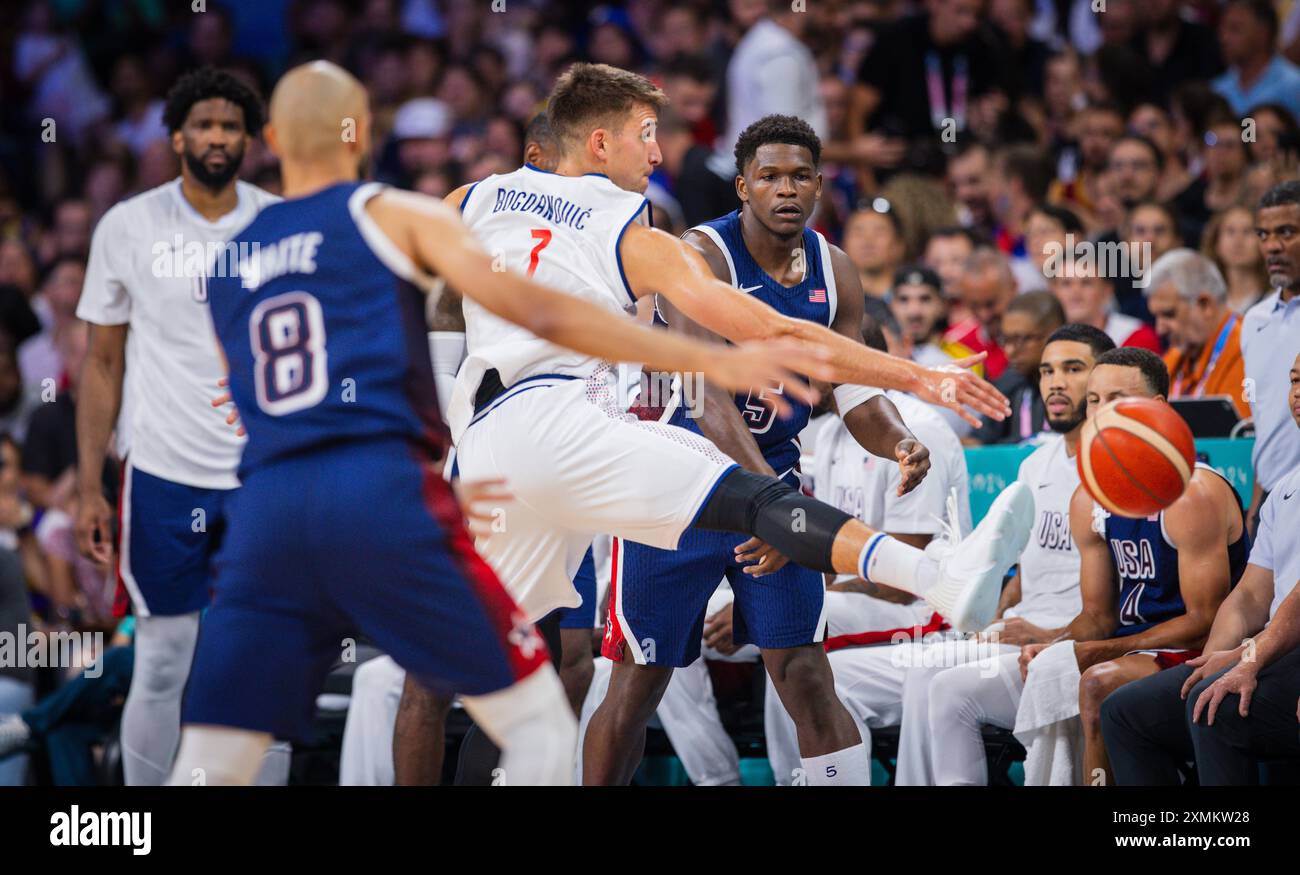 Paris, France. 27th Jul 2024. Anthony Edwards (USA) Bogdan Bogdanovic ...