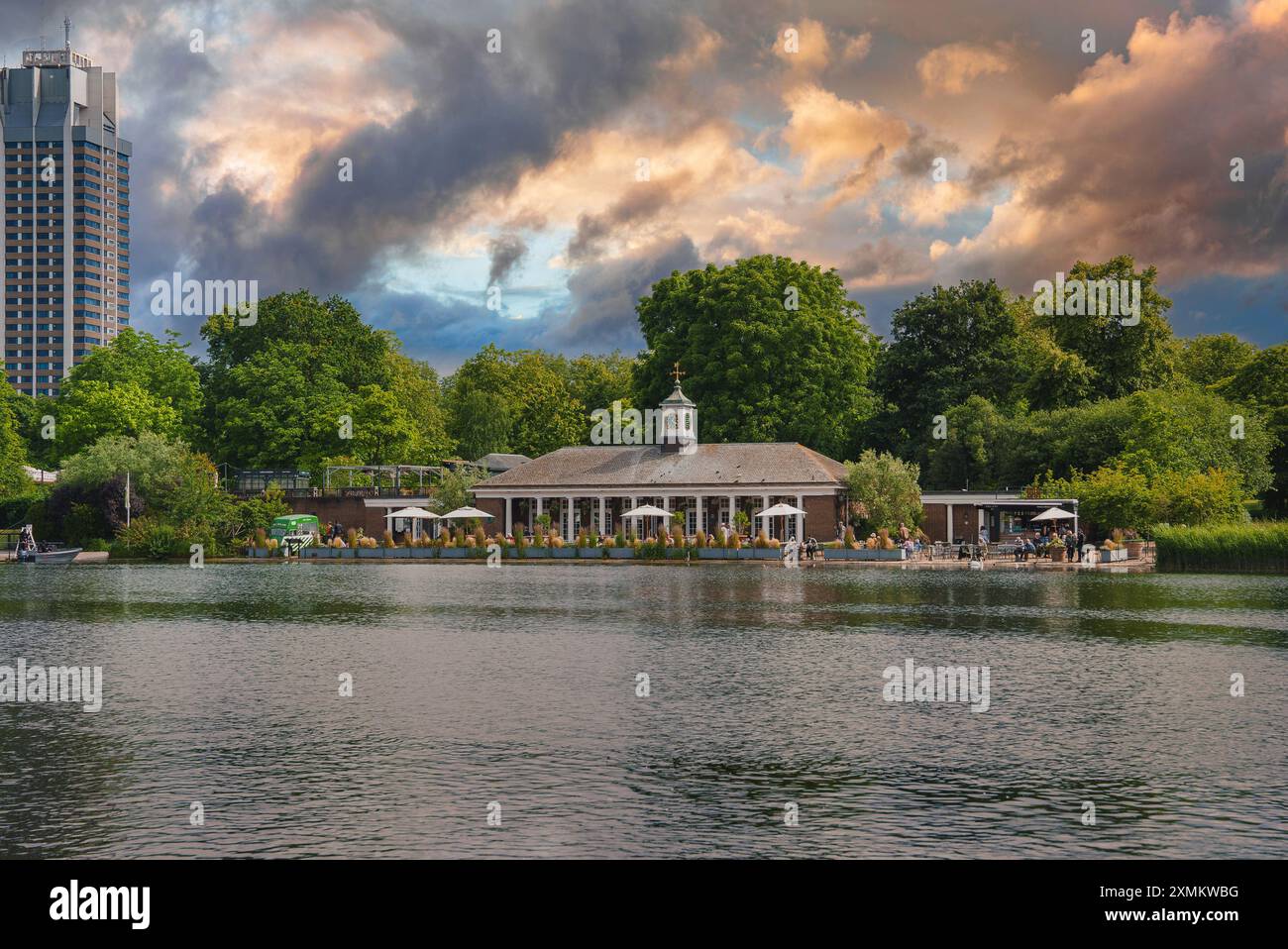 Serene Lakeside Scene with Pavilion and Skyscraper in London, UK Stock ...