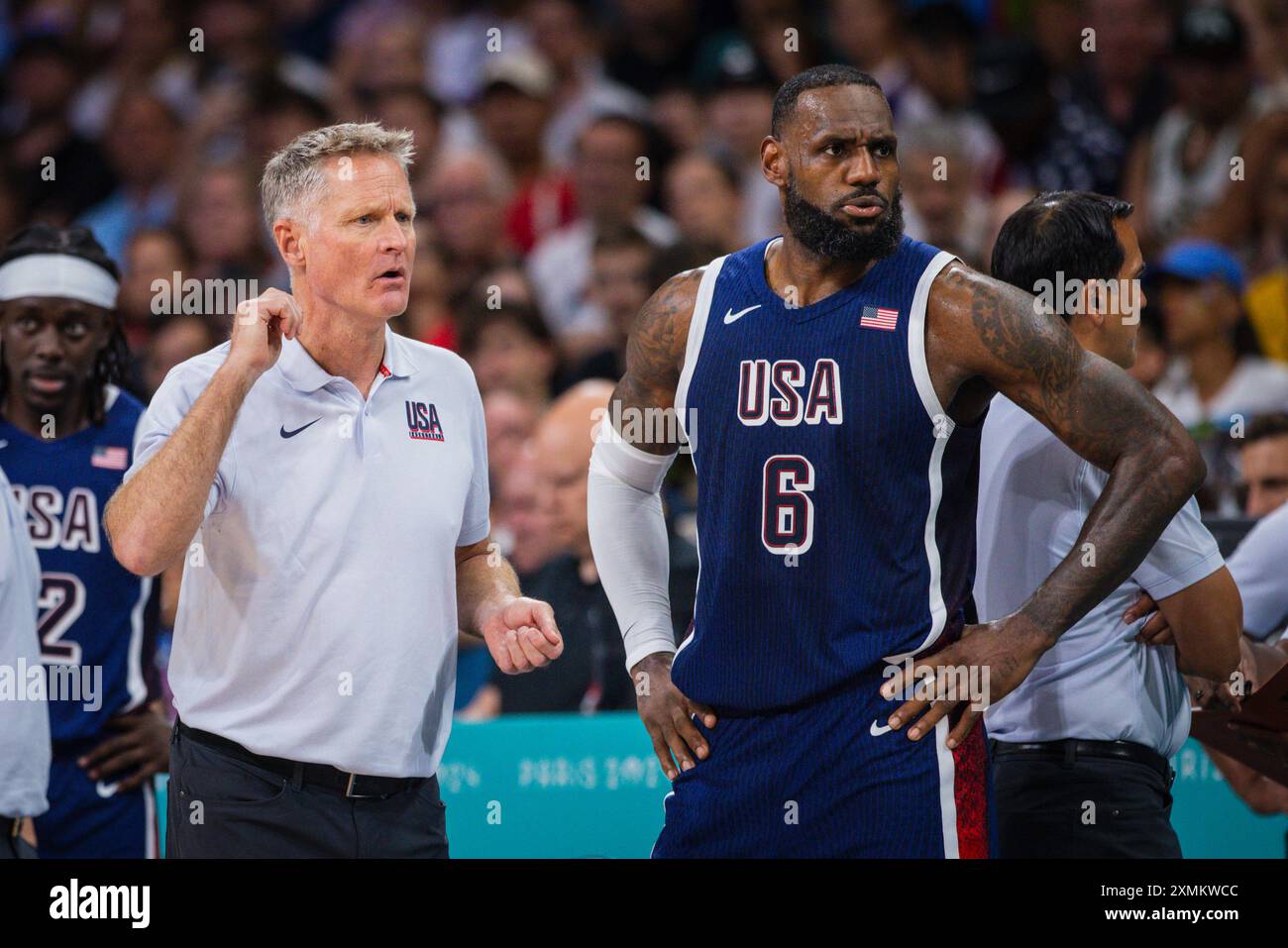 Paris, France. 27th Jul 2024. Coach Steve Kerr and LeBron James (USA ...