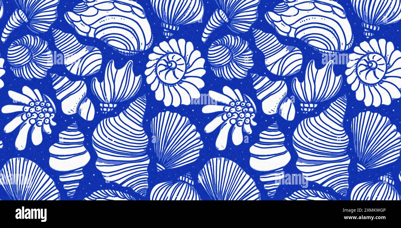 Azure blue white shell motif with linen seamless batik border ...