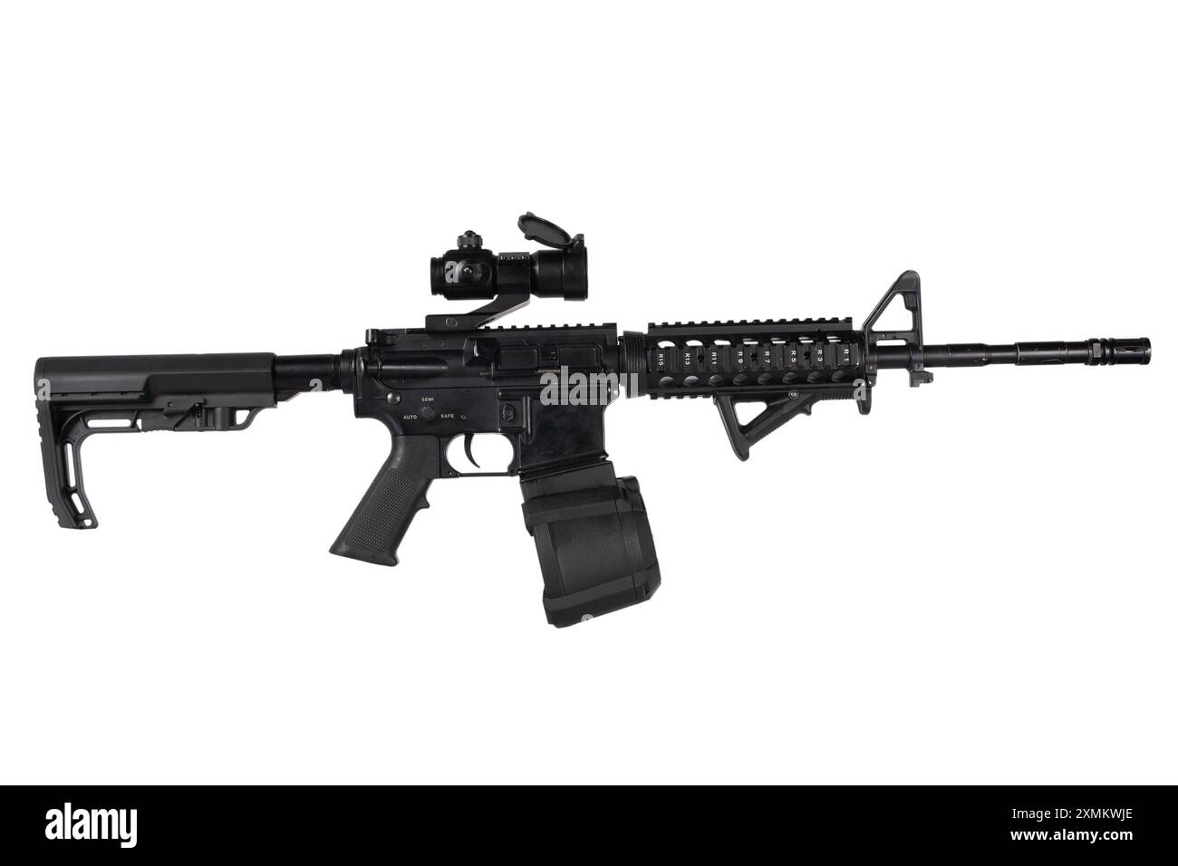AR-15 assault rifle with drum magazine isolated on a white background ...