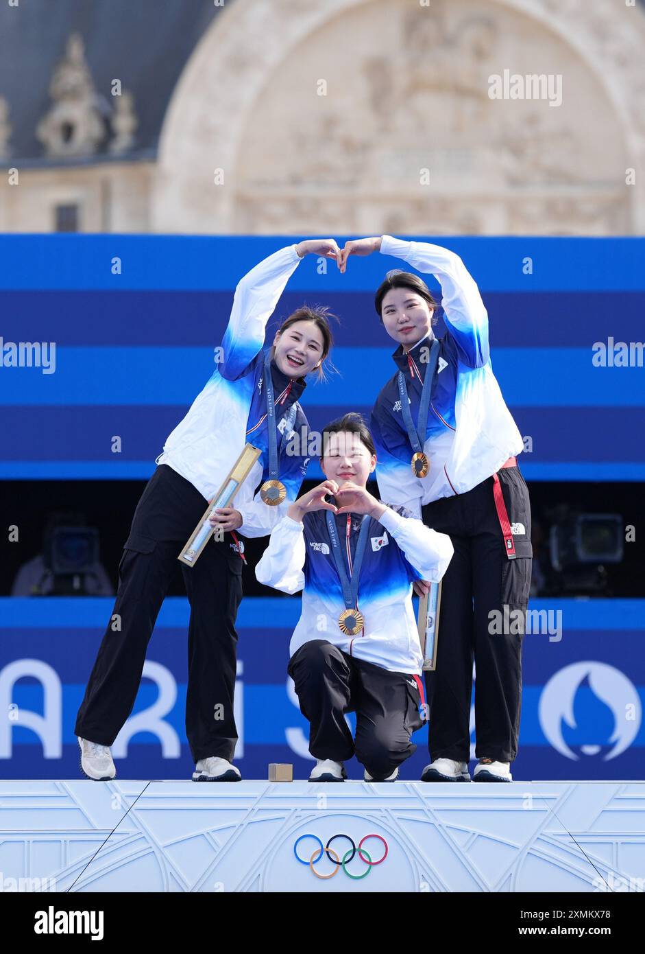 Paris, France. 28th July, 2024. Gold medalists Jeon Hunyoung, Lim ...