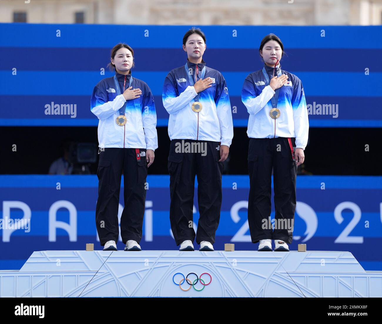 Paris, France. 28th July, 2024. Gold medalists Jeon Hunyoung, Lim ...