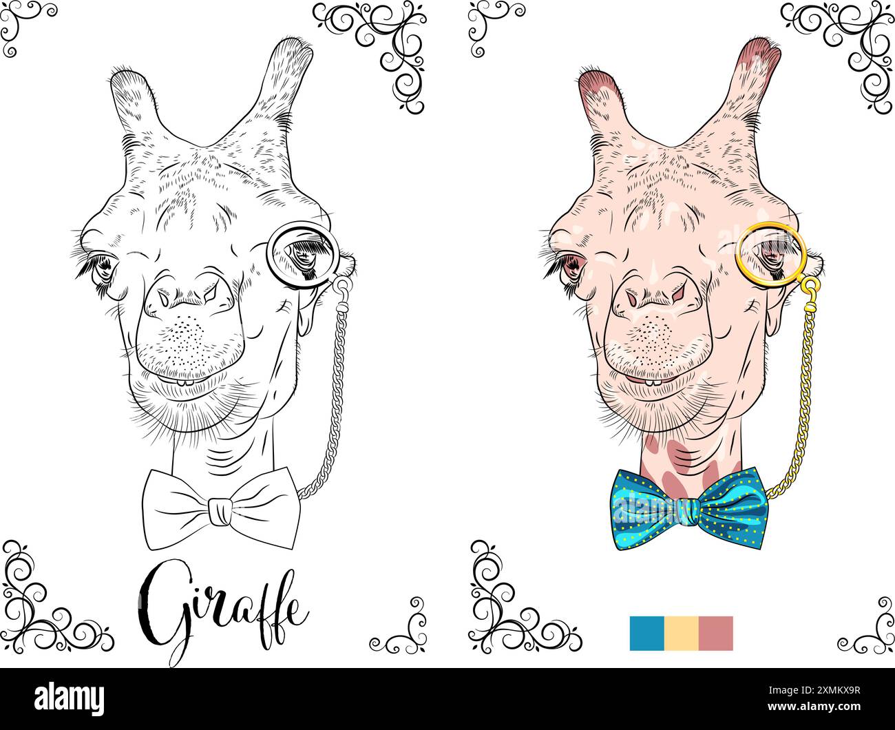 Vector coloring book page of a giraffe wearing a bow tie and monocle ...