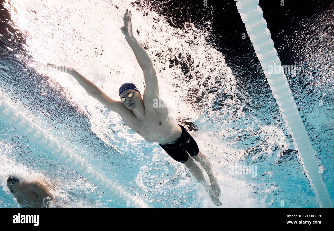 Paris, France. 28th July, 2024. Leon Marchand of France competes during ...