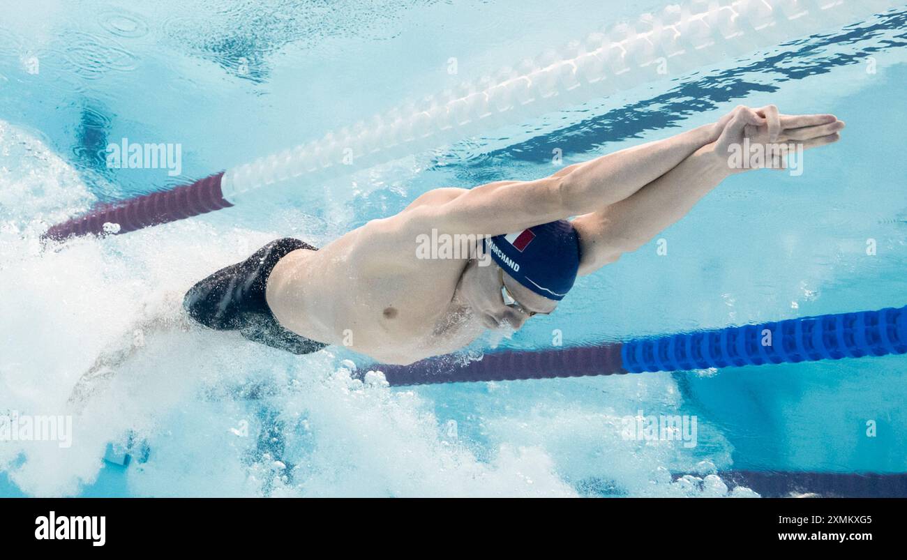 Paris, France. 28th July, 2024. Leon Marchand of France competes during ...