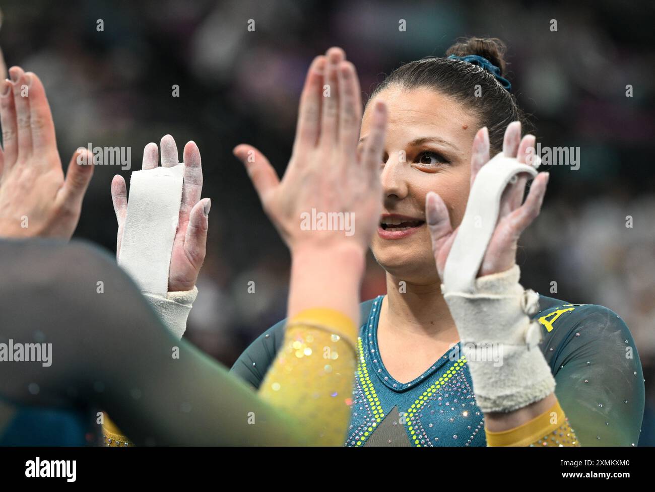 Paris, France. 28th July, 2024. Emma Nedov of Australia celebrates with ...