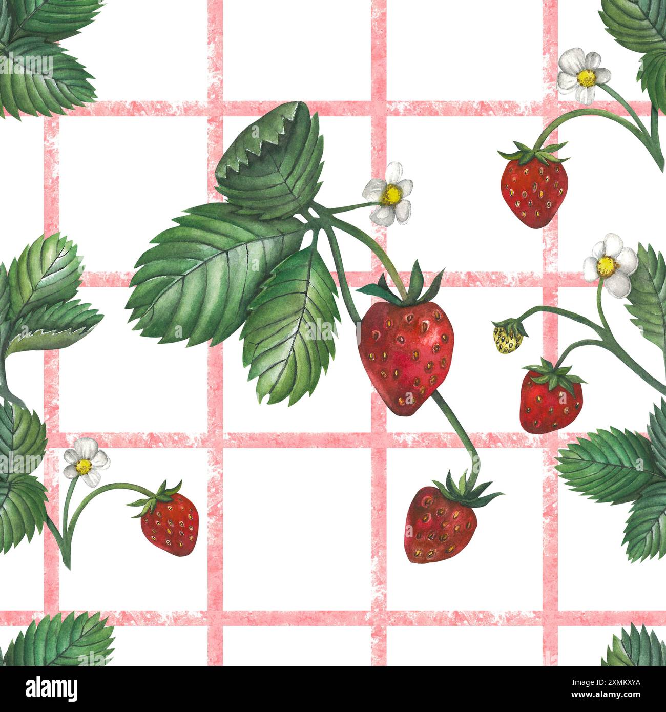 Watercolor seamless pattern of strawberry, with leaves and flower in a ...