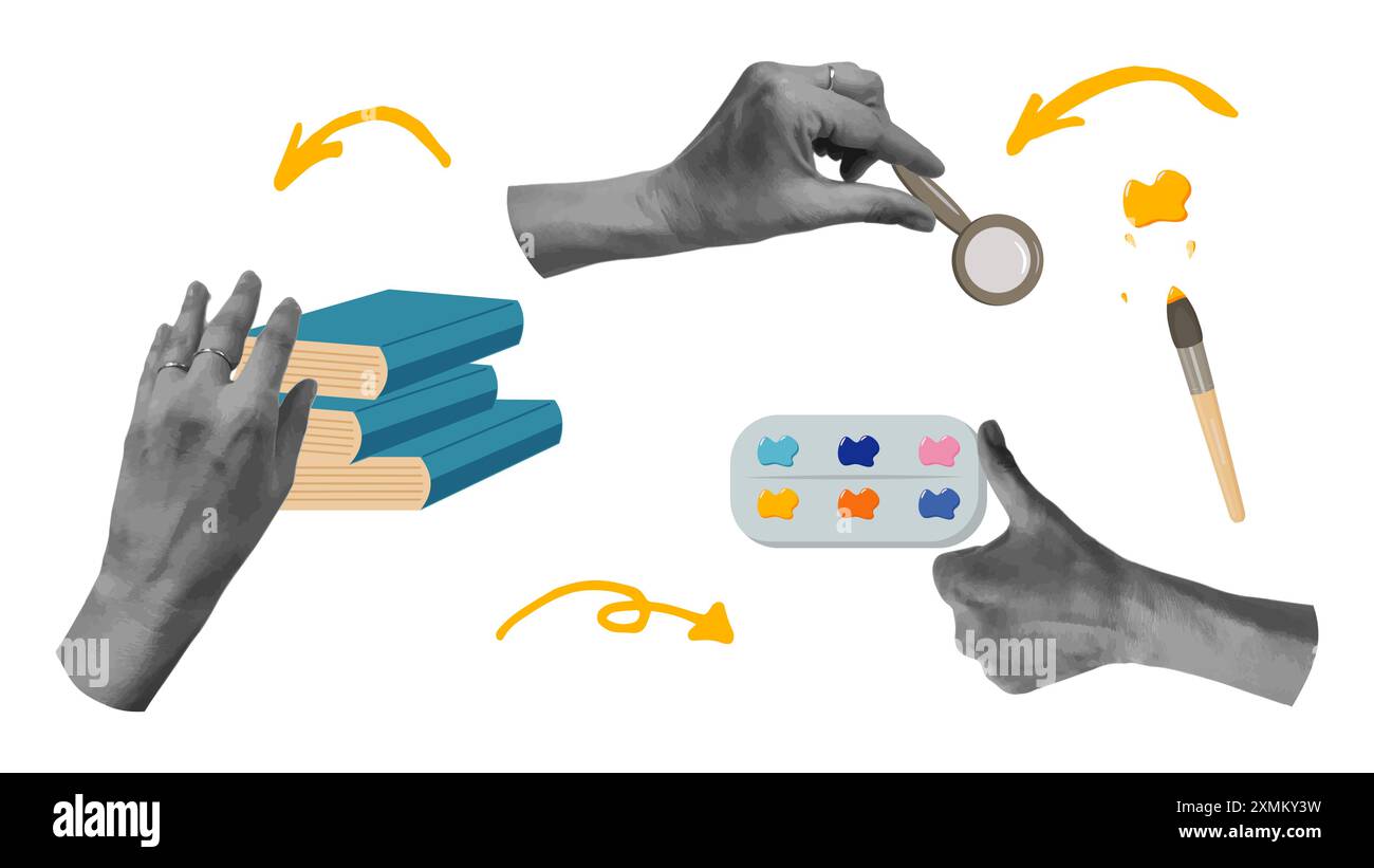 Back to school collage halftone hands set. Trending design postcard ...