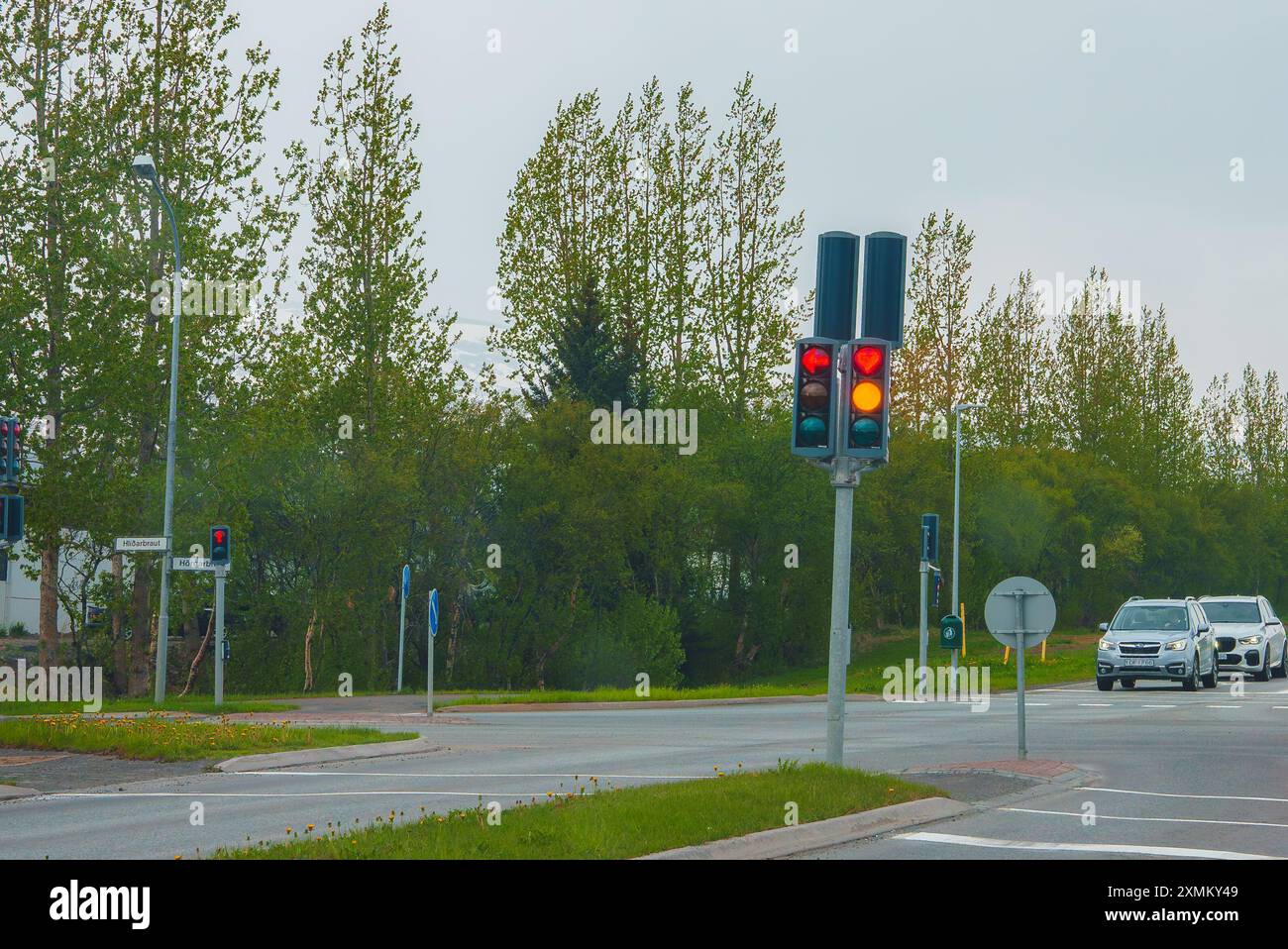 Traffic Intersection with Red and Yellow Lights in Suburban Iceland ...